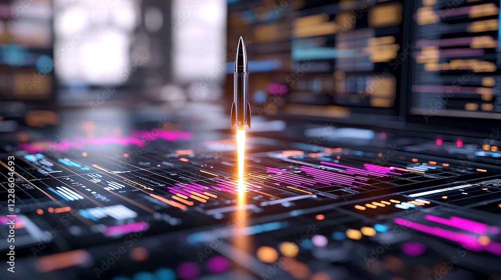 Rocket launching from digital world map, futuristic tech background ...