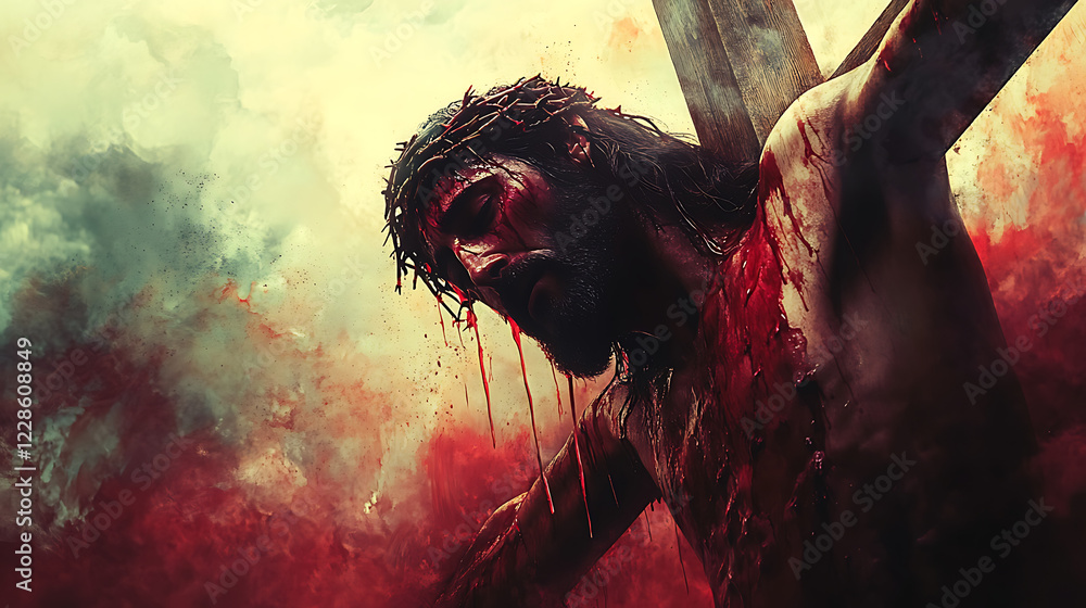 A cinematic portrayal of Jesus' vital fluid dripping down the cross ...