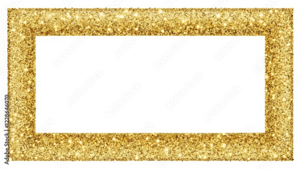 Gold glitter rectangle border frame with transparent background against a plain white or light ...