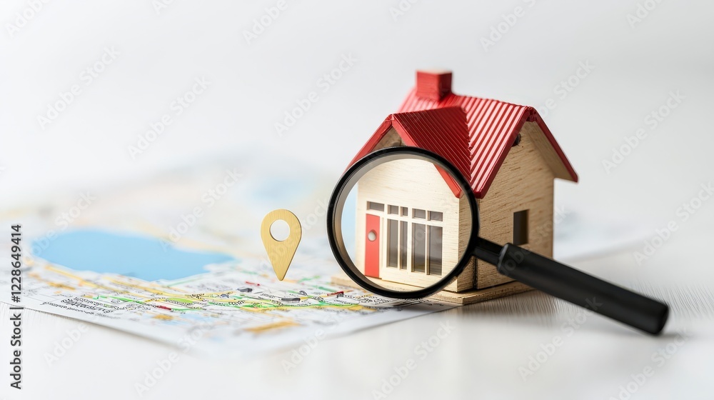 Miniature house model with magnifying glass over map showing location ...