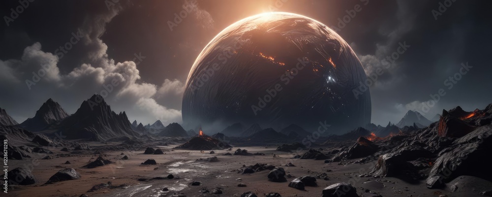 Orphaned planet with dark atmosphere and volcanic ash, barren terrain ...