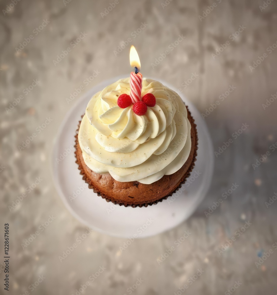 Overhead view of a layered birthday cupcake with cream filling and a ...