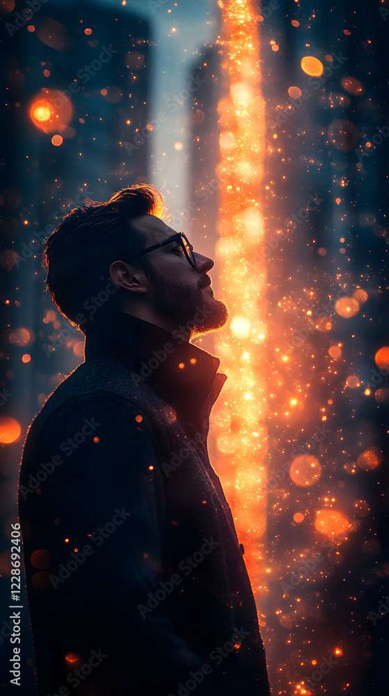 startup founder gazing into the distance, his body merging with images ...