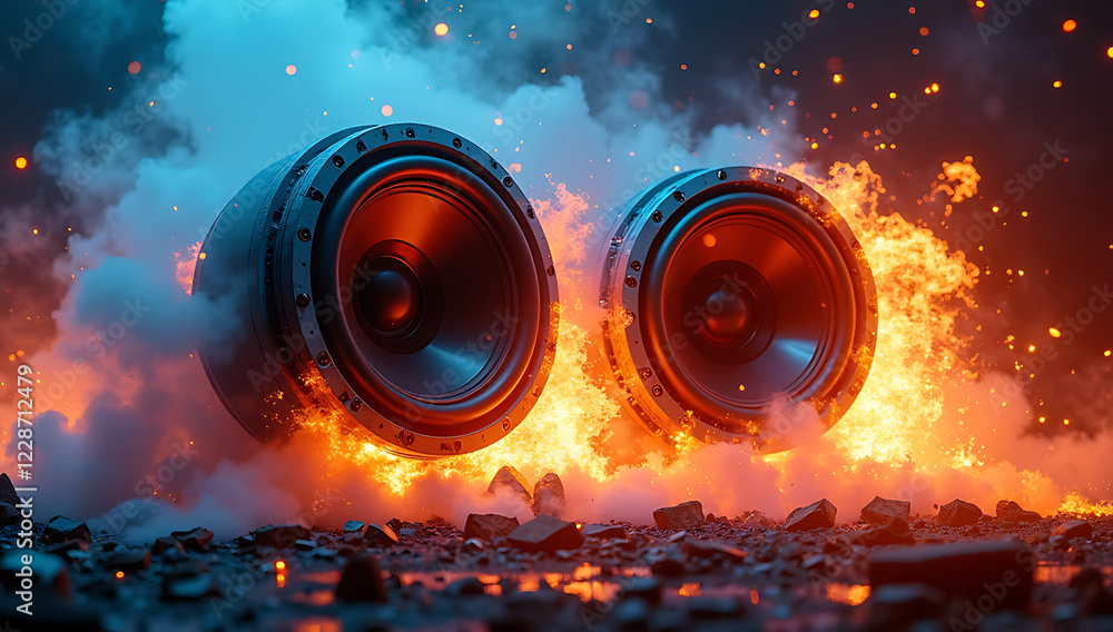 Massive subwoofers vibrate with extreme bass as fire and smoke swirl ...