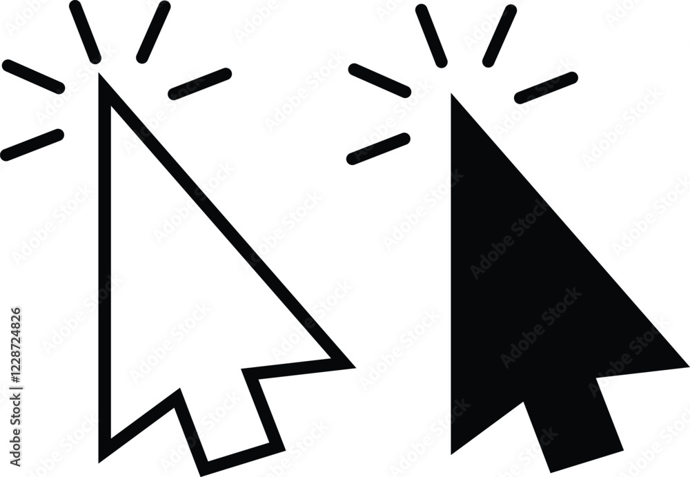 Computer mouse cursor key click slanted black arrow pointer icon in flat line set Vector sign ...