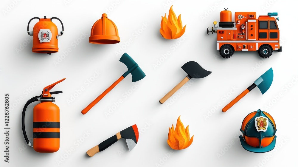 Dynamic firefighter themed icons featuring fire extinguishers and ...