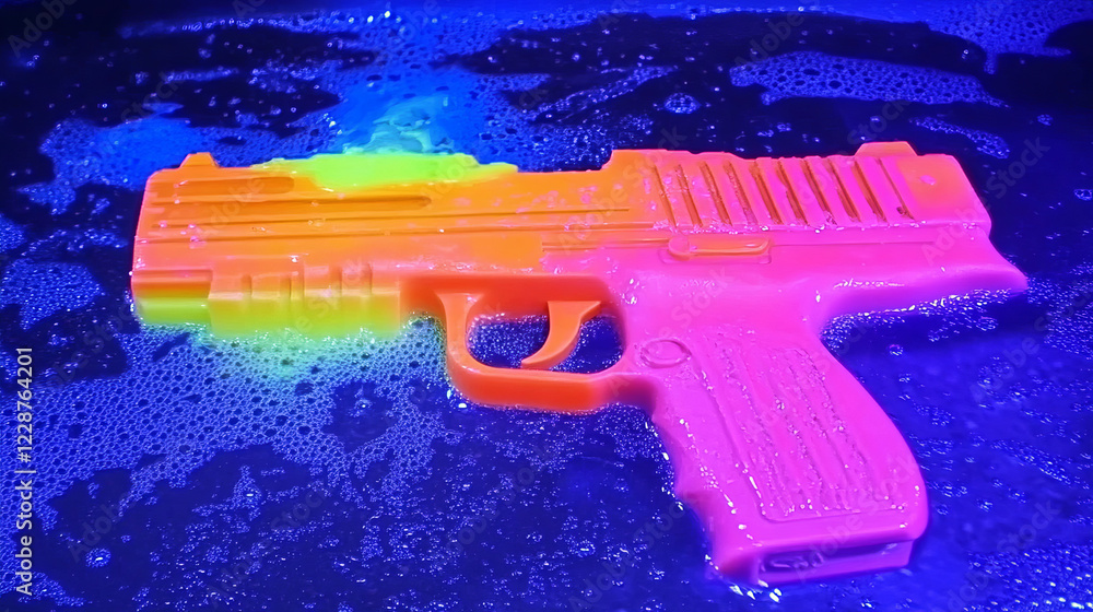 uv-reactive fluorescent toy gun glowing in soapy water under blacklight ...