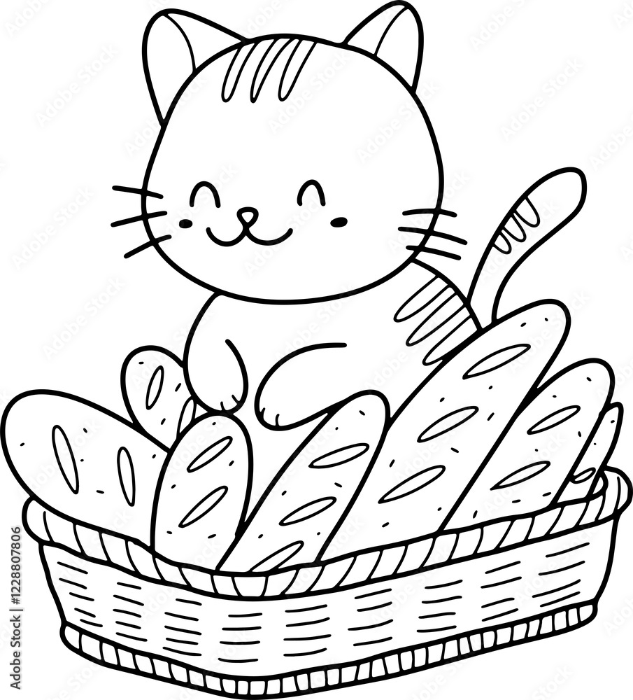 Cute cat cartoon with bread animal outline,line art clipart png ...
