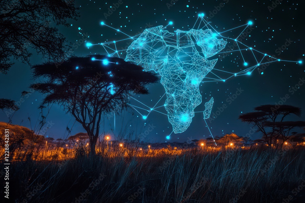Digital map of Africa with network connections, African savanna ...