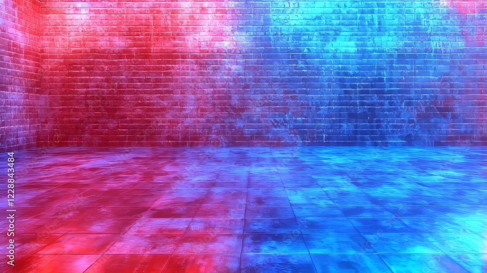 Neon Glow Brick Wall Background with Blue Light, Dark Room Effect ...
