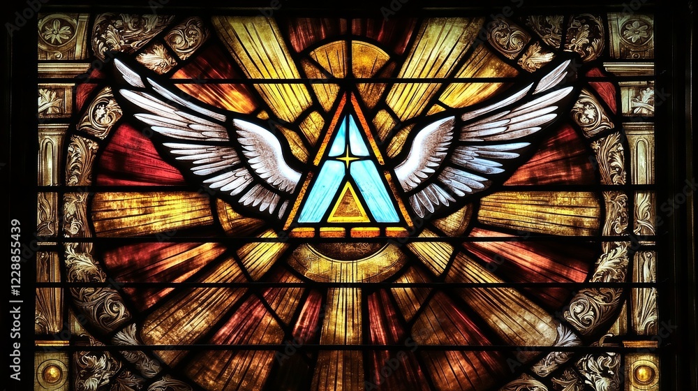 Stained glass window depicting the Holy Spirit as a dove and Trinity as ...