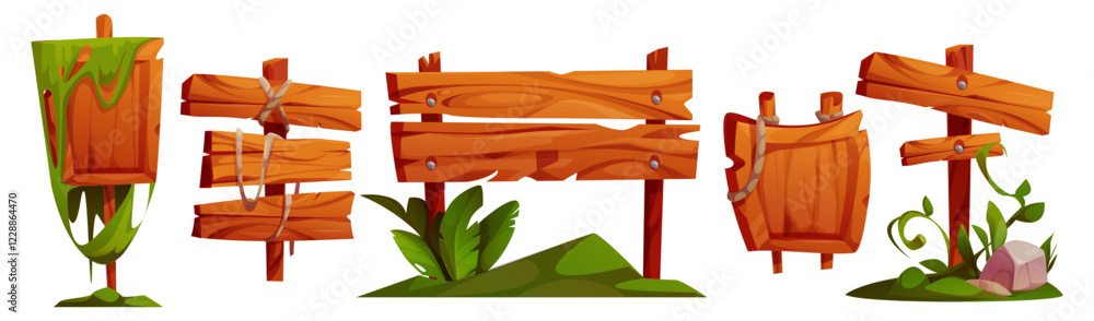 Jungle wood sign boards set isolated on white. Vector cartoon ...