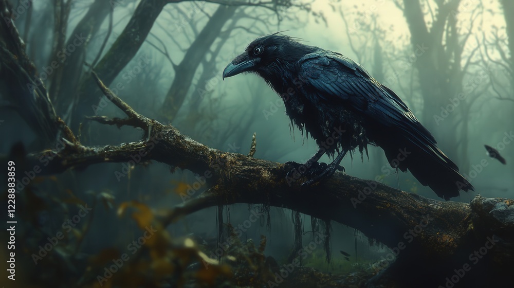 Raven in Foggy Forest: A solitary raven perches on a bare branch in a ...
