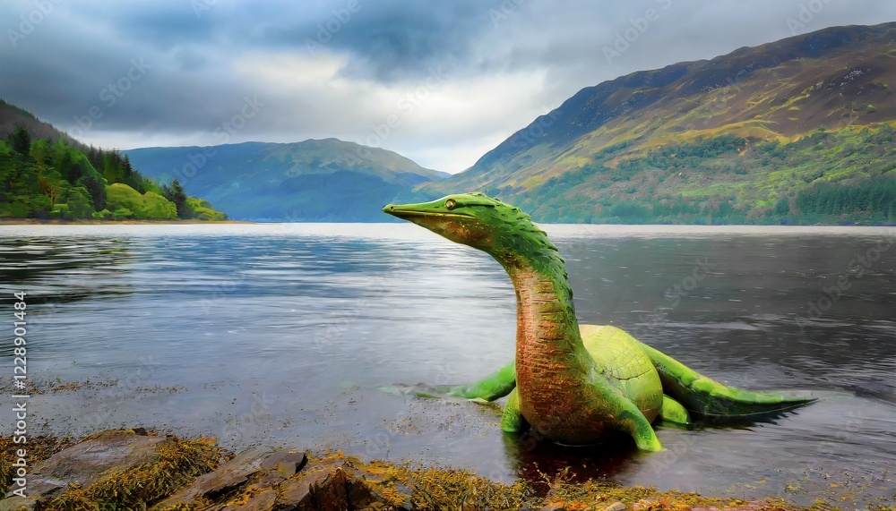 Mythology, the mythical creature Nessie, the Loch Ness monster, in Loch Ness in Scotland, AI ...