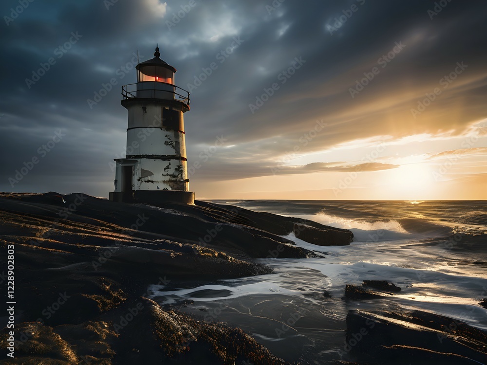 Abandoned lighthouse with an unlit beacon on a tumultuous sea, AI ...