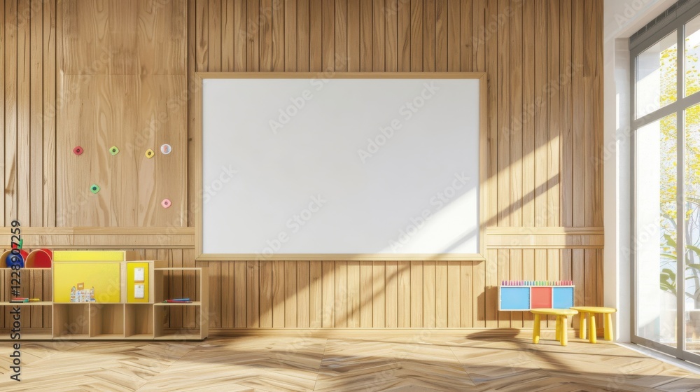 Empty classroom with wooden walls, and an unused blackboard, waiting to ...