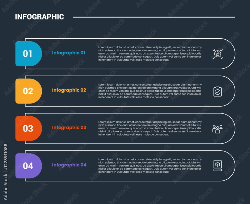process stages workflow infographic dark outline for slide presentation ...