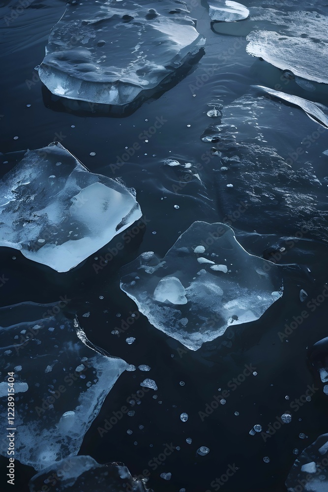 Ice chunks floating in dark oil slicked water showing the impact of oil ...