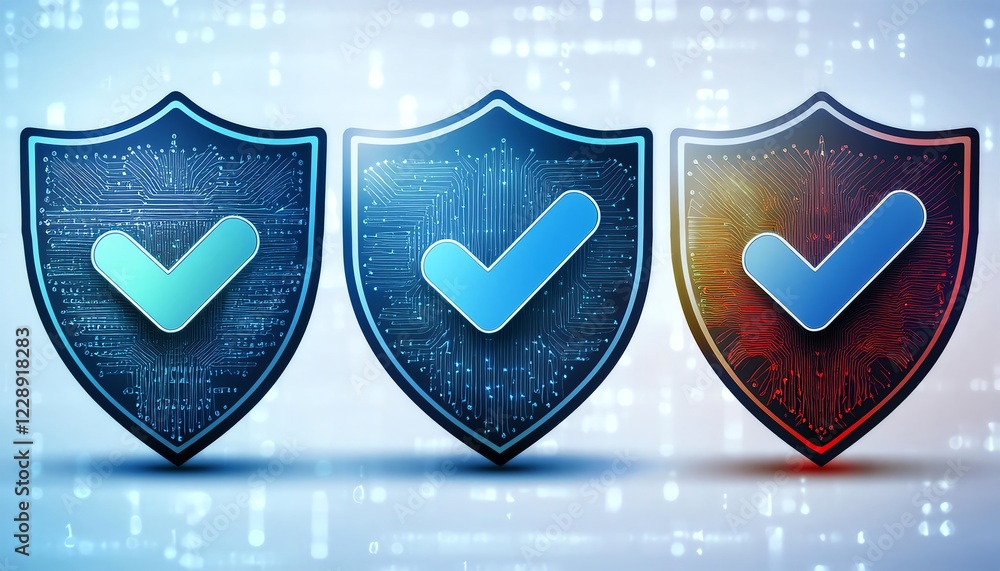 Three stylized shields with checkmarks, representing security and ...