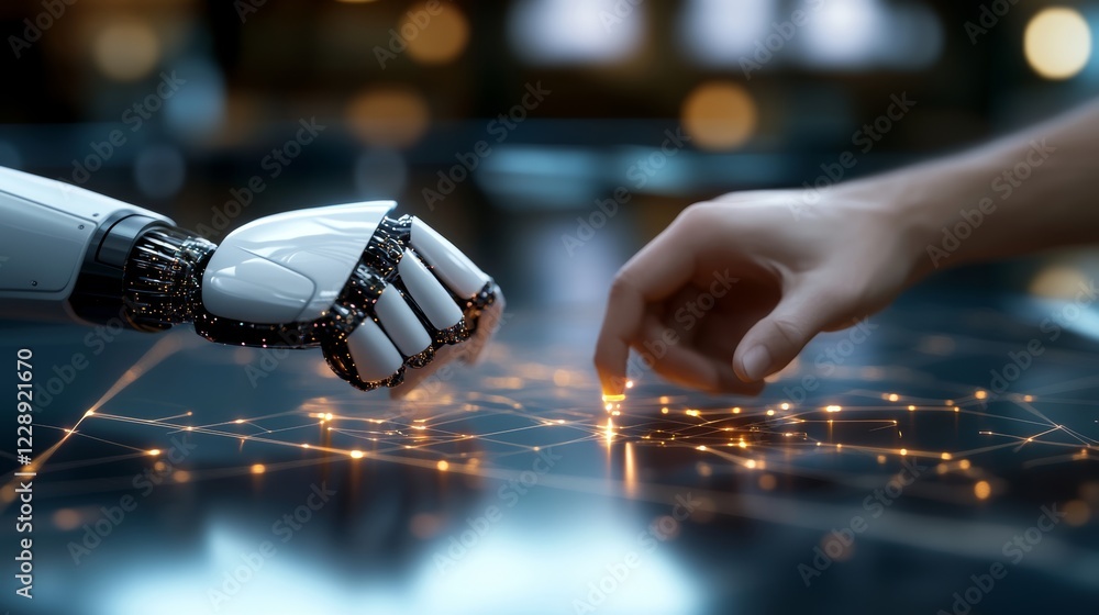 Human and robot engage in an intense arm wrestling match at a glowing ...