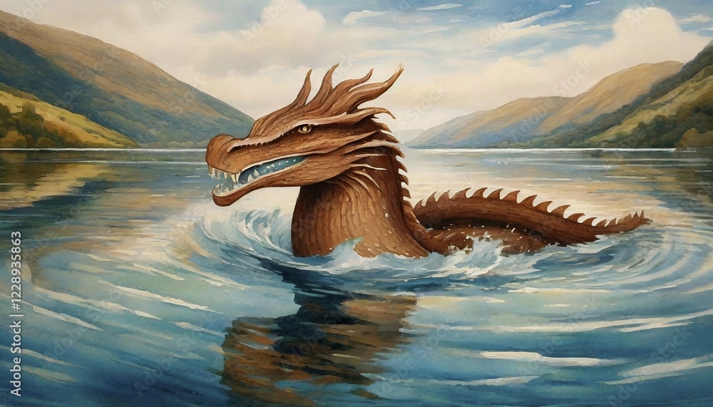 Mythology, the mythical creature Nessie, the Loch Ness monster, in Loch Ness in Scotland, AI ...