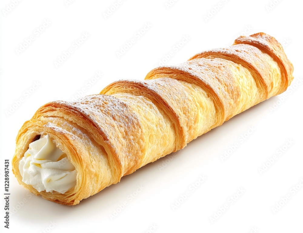 Cream-filled puff pastry roll, dusted with powdered sugar, isolated on ...