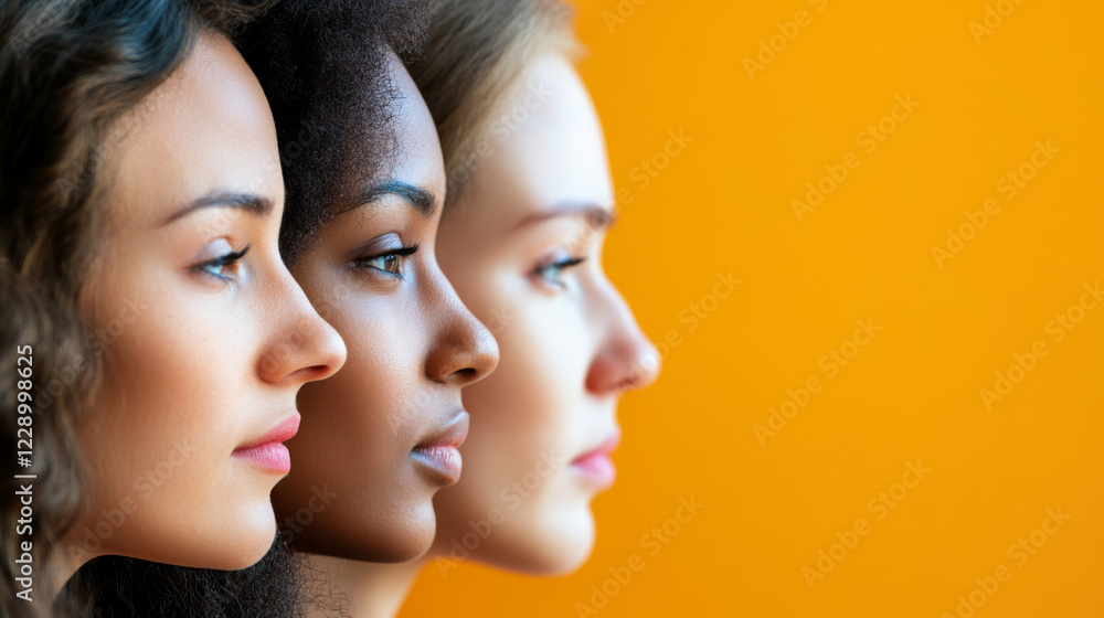 Side view of three women of diverse ethnic backgrounds, confidently ...