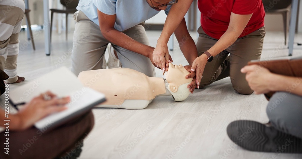 People, mannequin and hands in office for first aid, CPR workshop and ...
