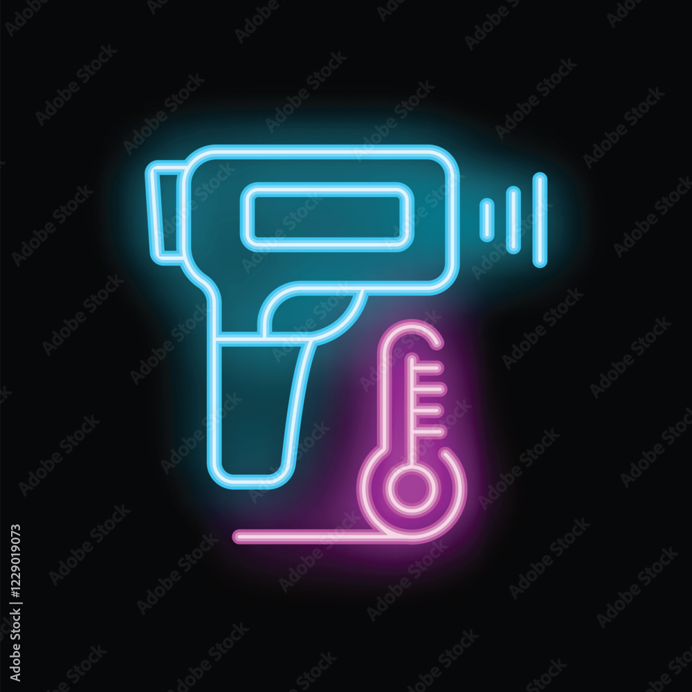 Neon sign showing a contactless thermometer measuring temperature, a ...