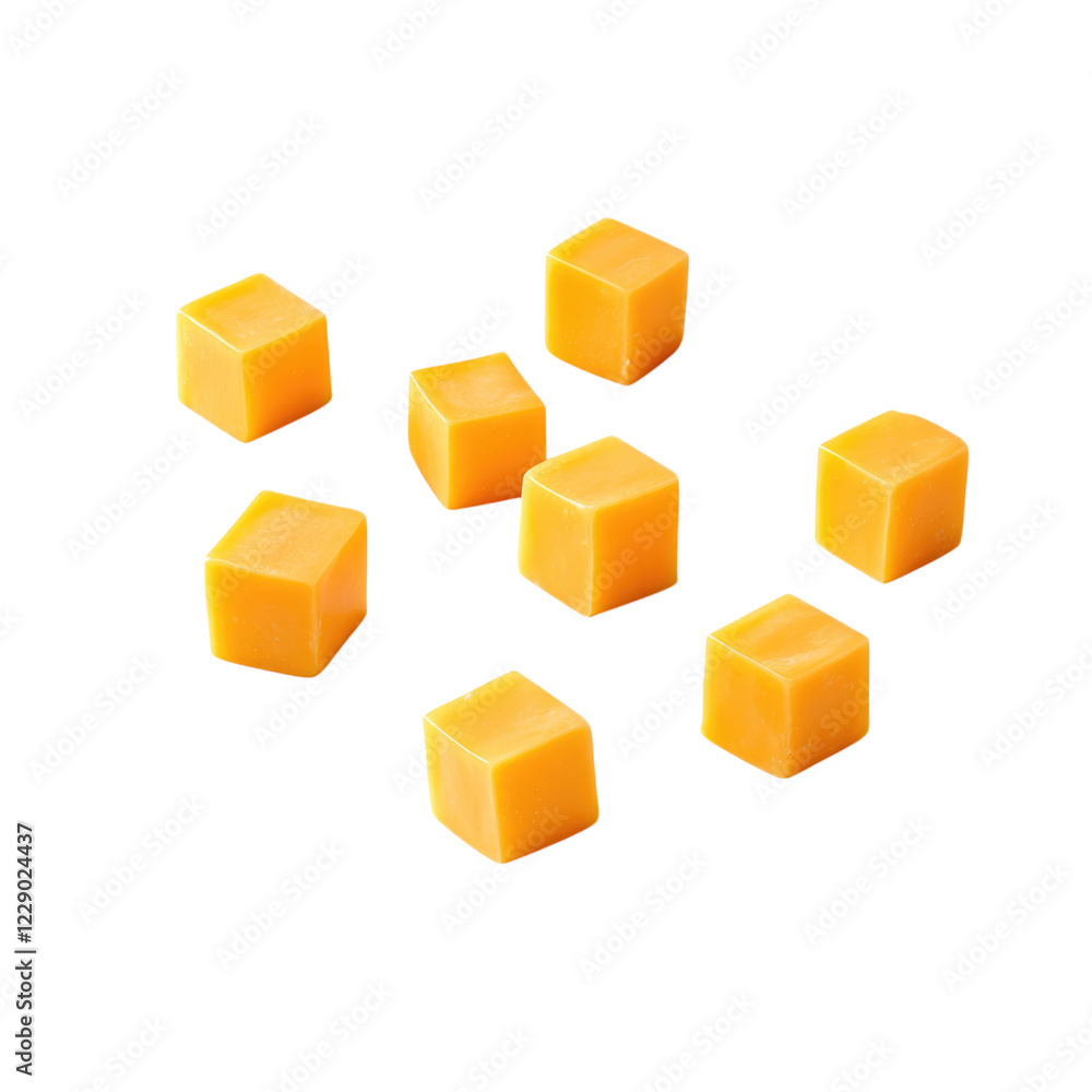 Delicious cheddar cheese cubes isolated on a white background, side ...