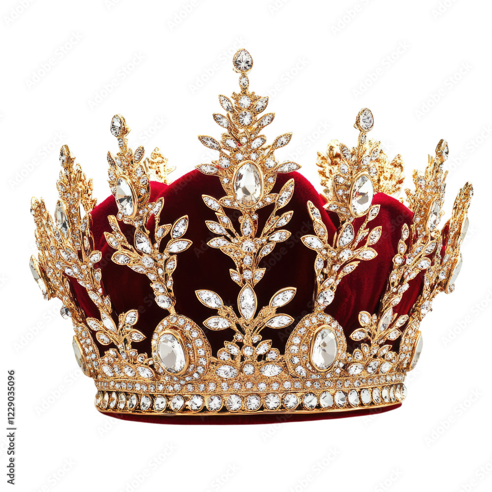 Gold royal crown with red velvet and jewels, isolated on a white ...