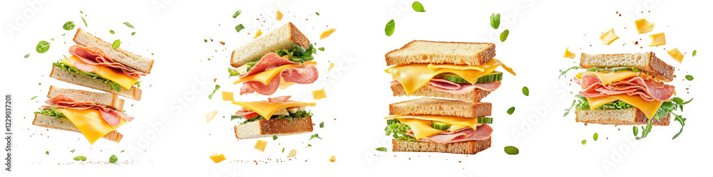 Ham and cheese sandwich flying through the air with crumbs and cheese ...
