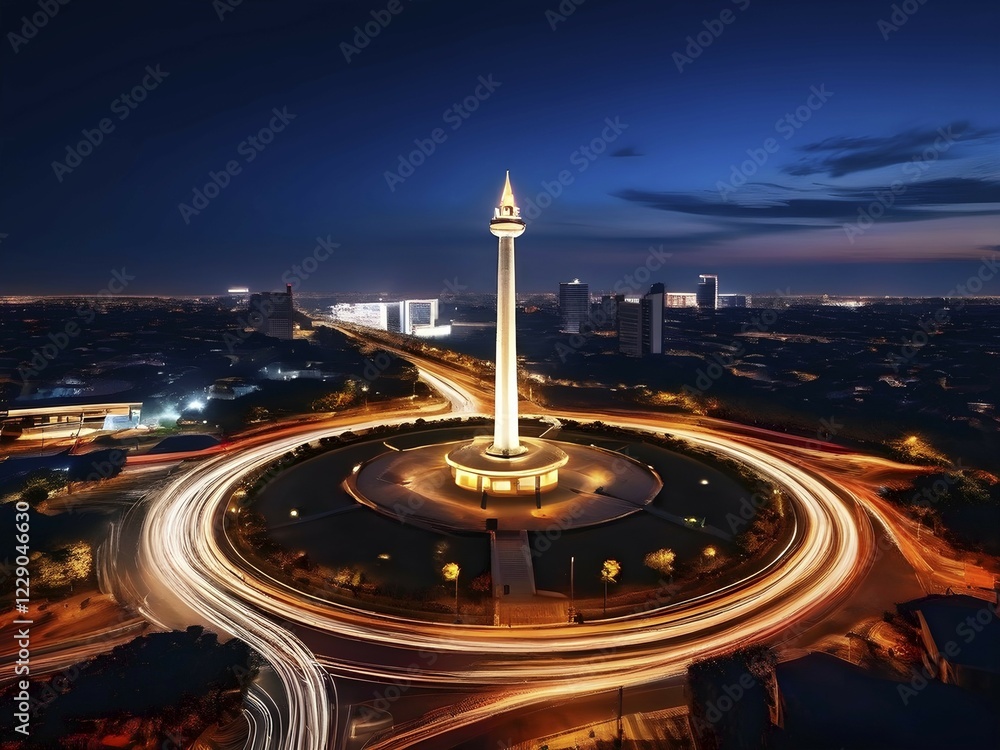 Circular trails of light from car headlights tracing movement around a ...