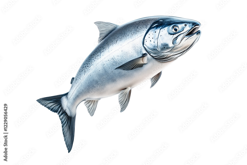 Raw salmon fish with detailed fins and scales, isolated on white ...
