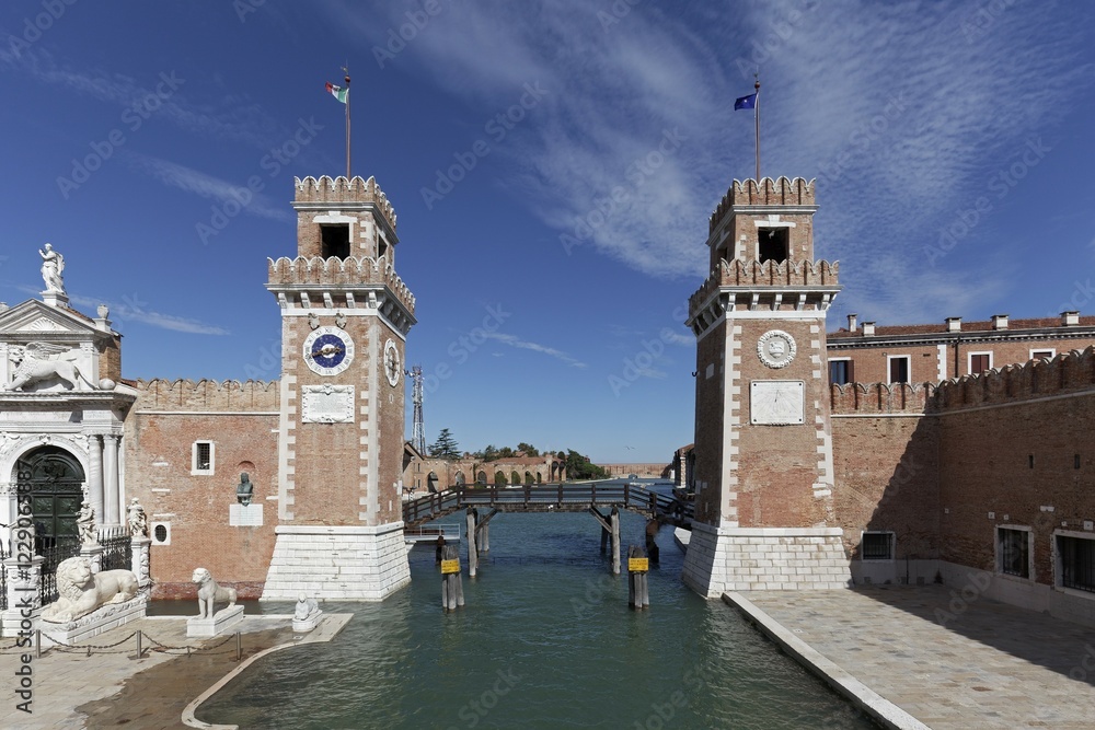 Arsenal water gate and towers, former naval base of Venetian Republic ...