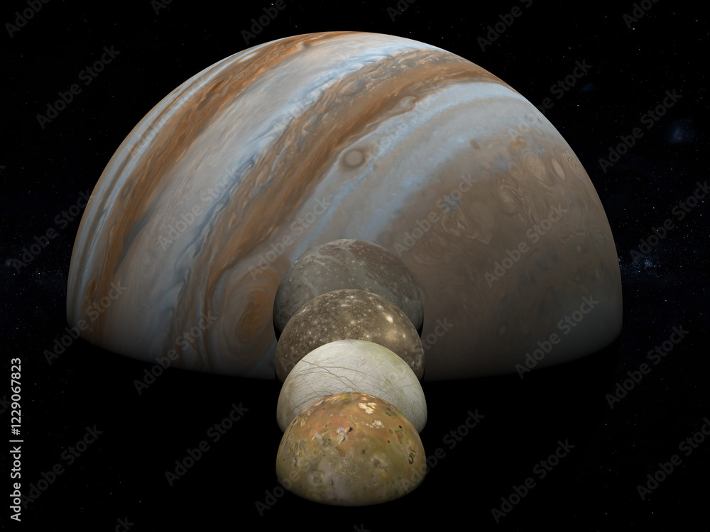 planet Jupiter and galilean moons Io, Europa, Ganymede, and Callisto 3d ...