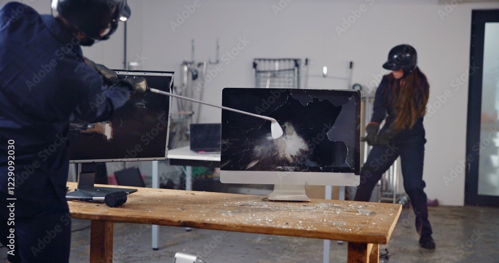 Screen, weapon and friends in rage room for frustrated, anger ...