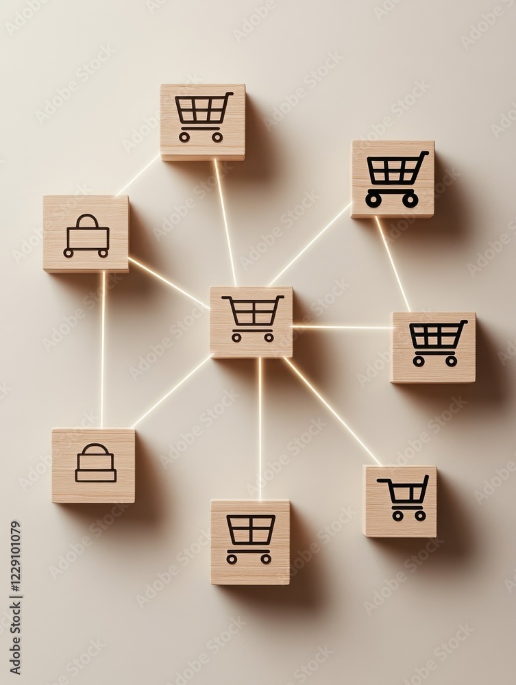 Online shopping symbols engraved on wooden blocks, representing payment ...