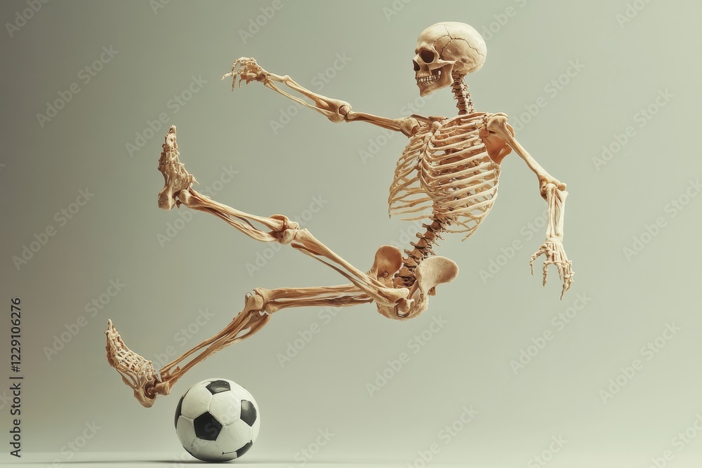 Skeletal figure performing a kick with a soccer ball in a simple indoor ...