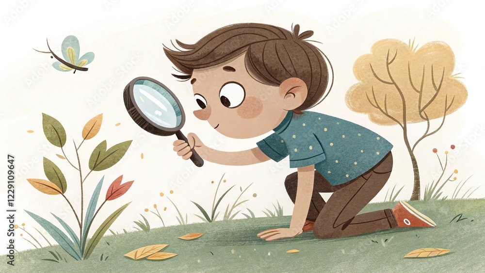 Curious child holding a magnifying glass, exploring the world up close ...