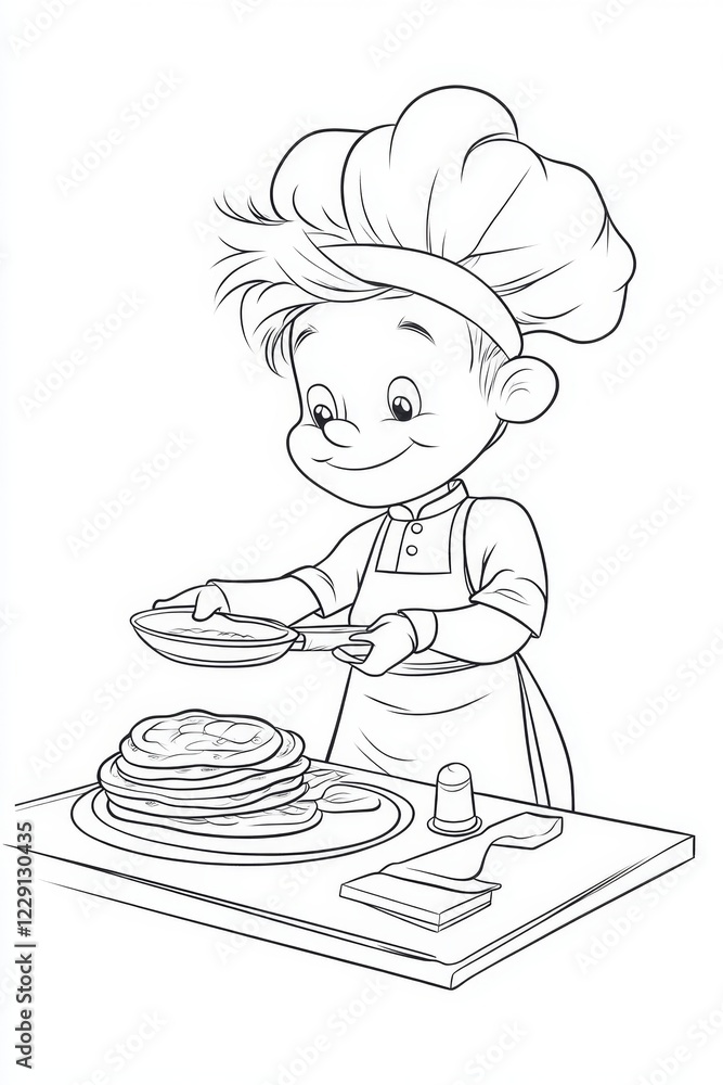 Smiling Boy Chef Cooking Pancakes - Coloring Page . Children coloring ...