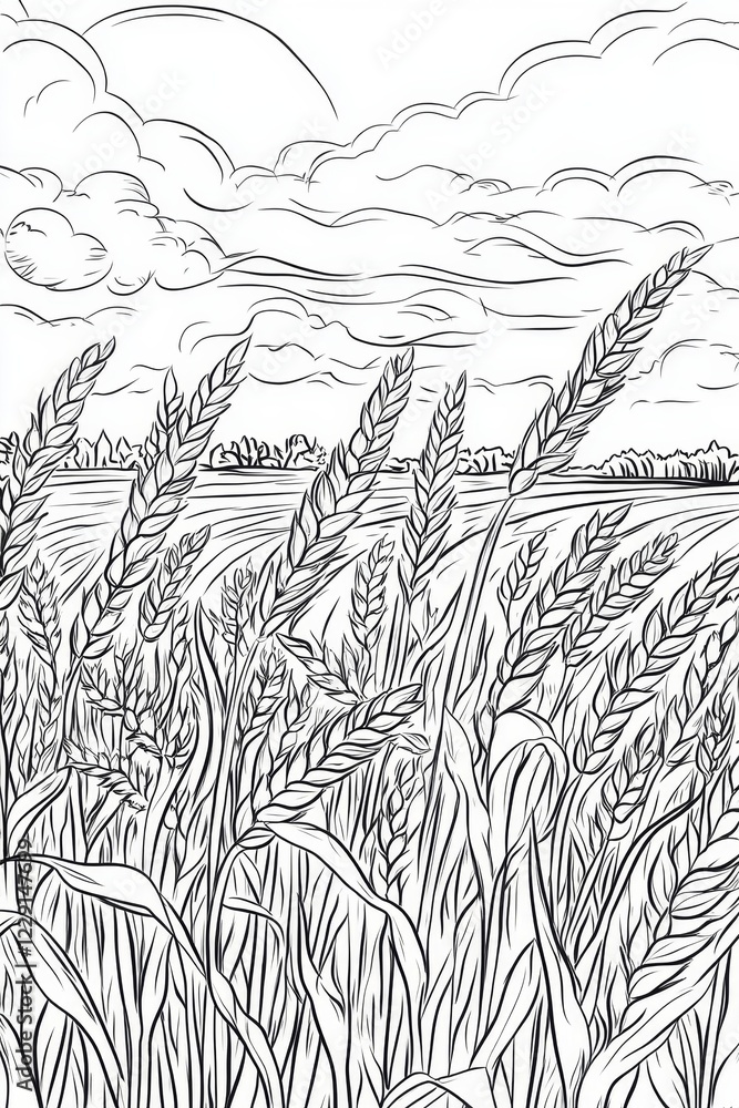 Wheat Field Line Art Coloring Page . Children coloring page Stock ...