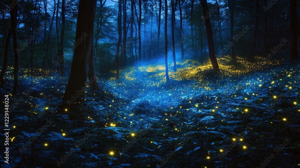 Enchanted Firefly Forest: A breathtaking nocturnal scene of a dark ...