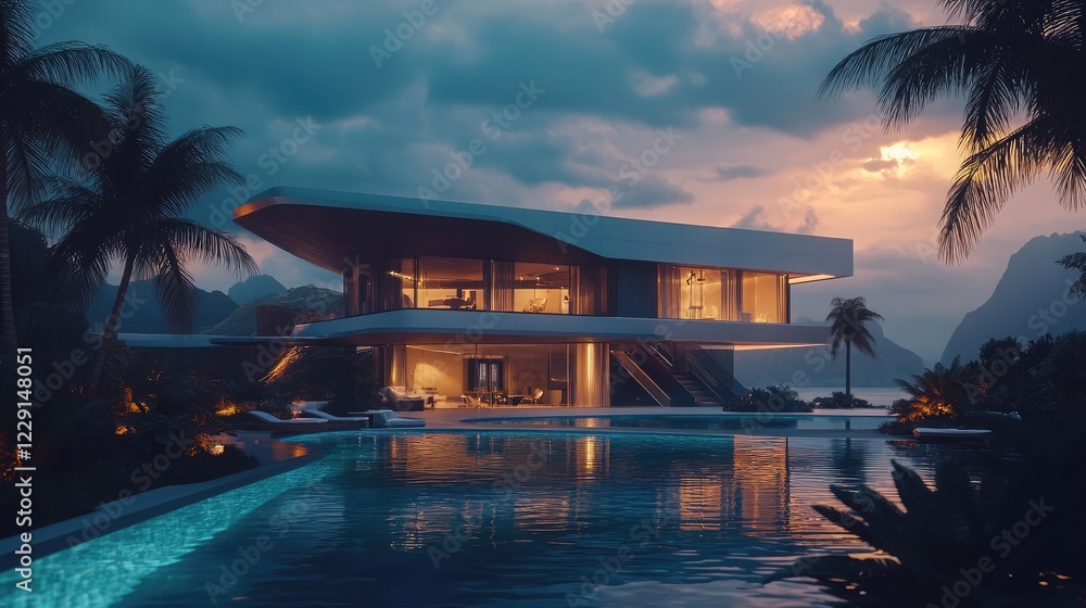 Luxury villa with infinity pool and sleek geometric structure, 8k ...