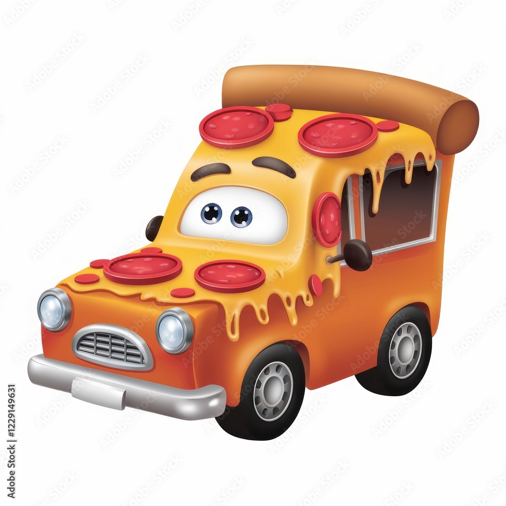 a cartoon car covered in a delicious pepperoni pizza. The car has big ...