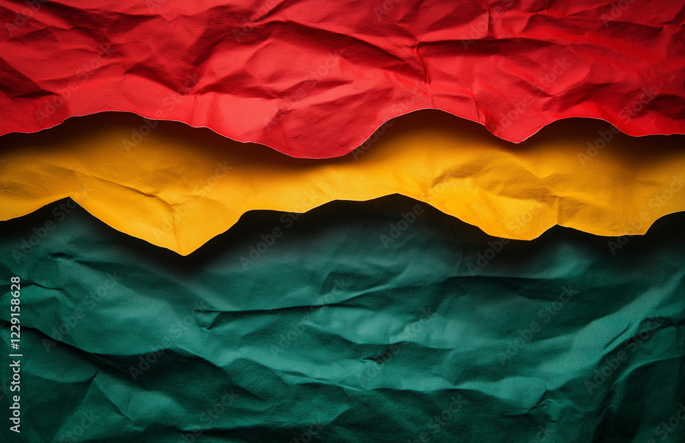 The background features crumpled red, yellow, and green paper arranged ...