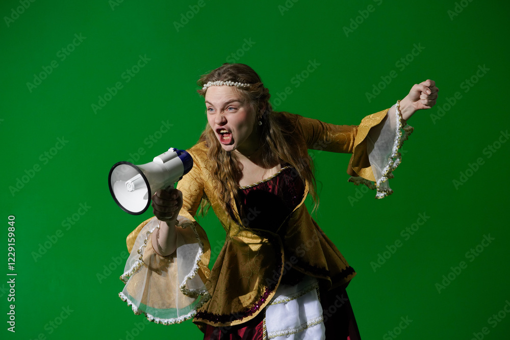Woman in ancient outfit on chroma key green screen background. Female ...