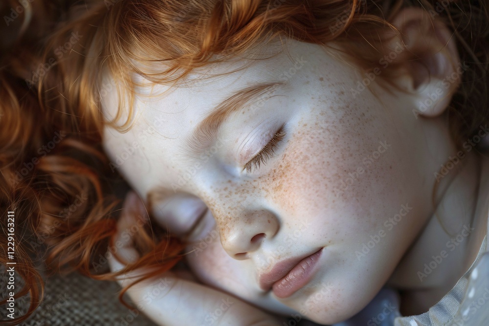 Sleeping young girl child with red hair and freckles. KI generiert ...