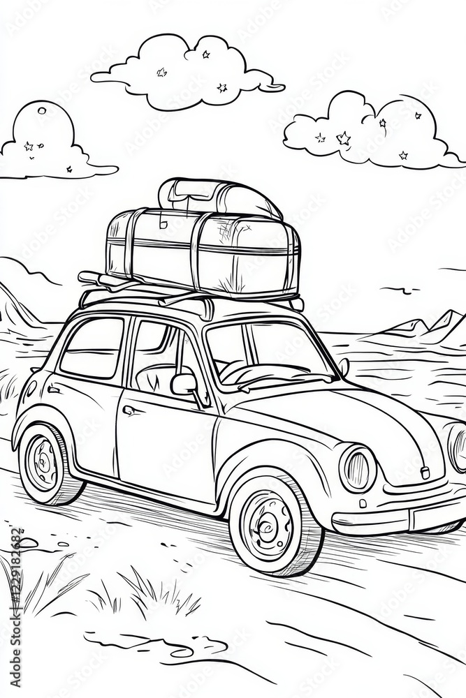 Vintage Car on a Scenic Road Trip Coloring Page . Children coloring ...