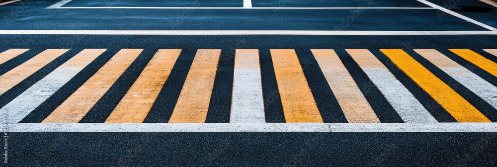 Crosswalk with yellow and white stripes on dark asphalt road ...
